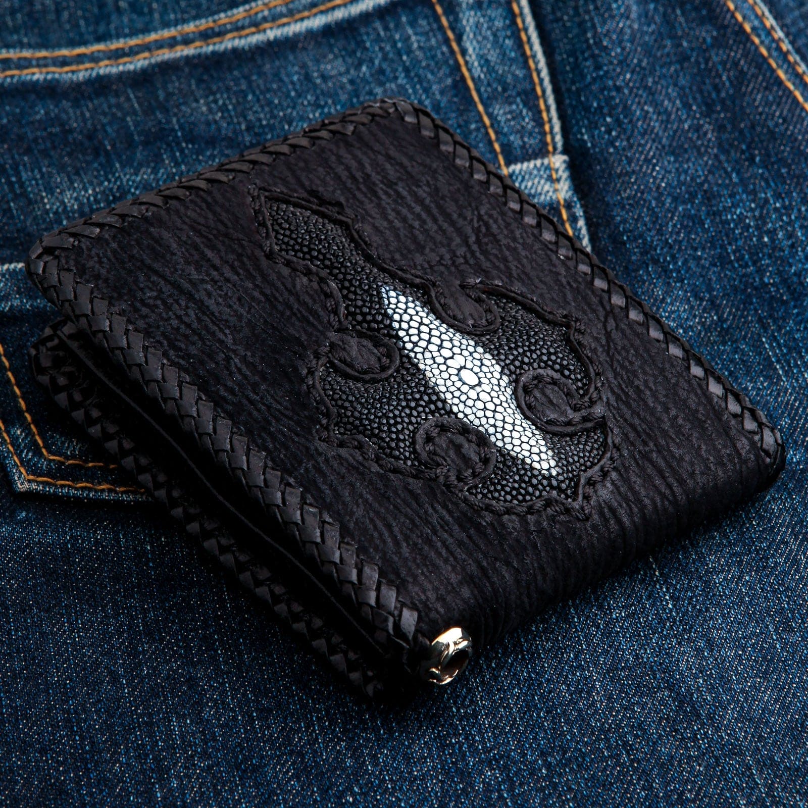 Black Genuine Stingray Leather Inlaid Cross Biker Chain Wallet