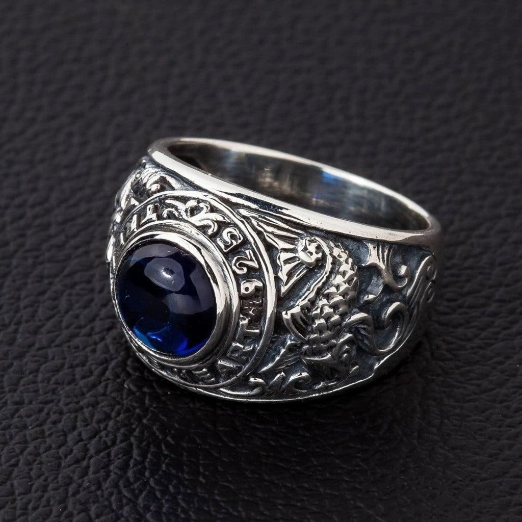 Anel Masculino Japonês em Prata de Lei e Safira Koi - Bikerringshop