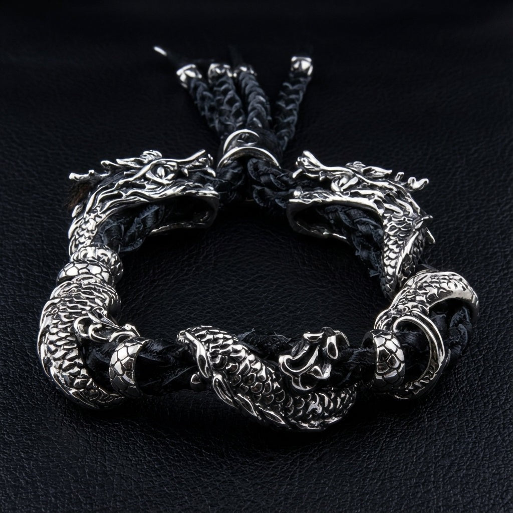 Valódi Bőr Sárkány Ezüst Férfi Karkötő - Bikerringshop
