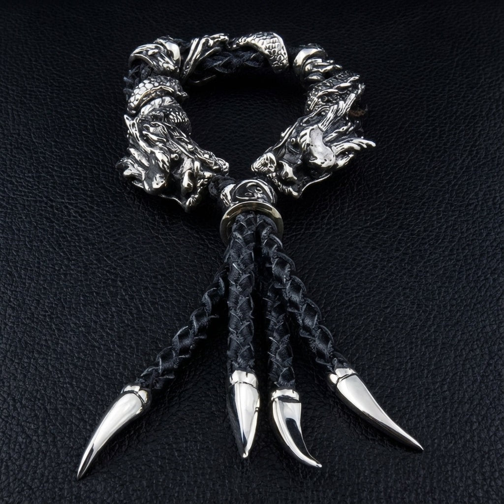 Valódi Bőr Sárkány Ezüst Férfi Karkötő - Bikerringshop