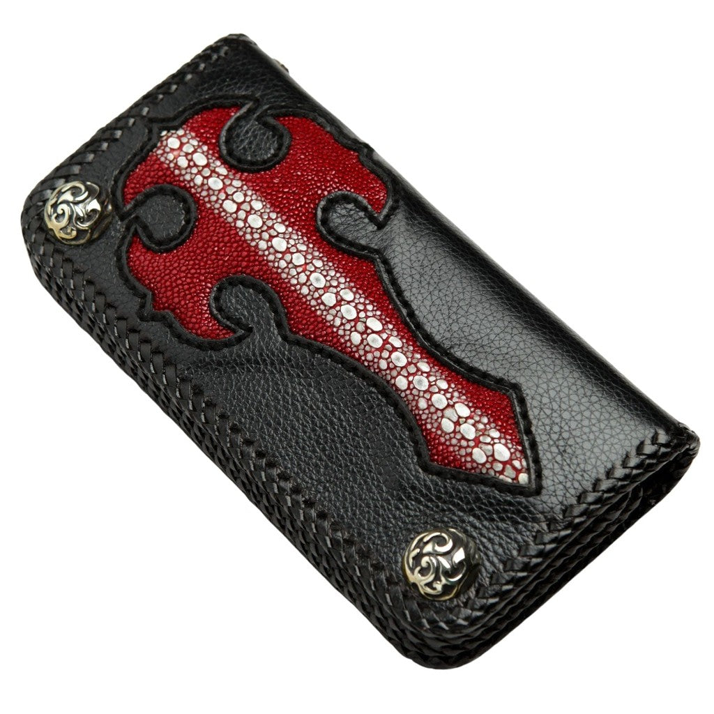 Red Stingray Leather Gothic Cross Biker Wallet | Handmade