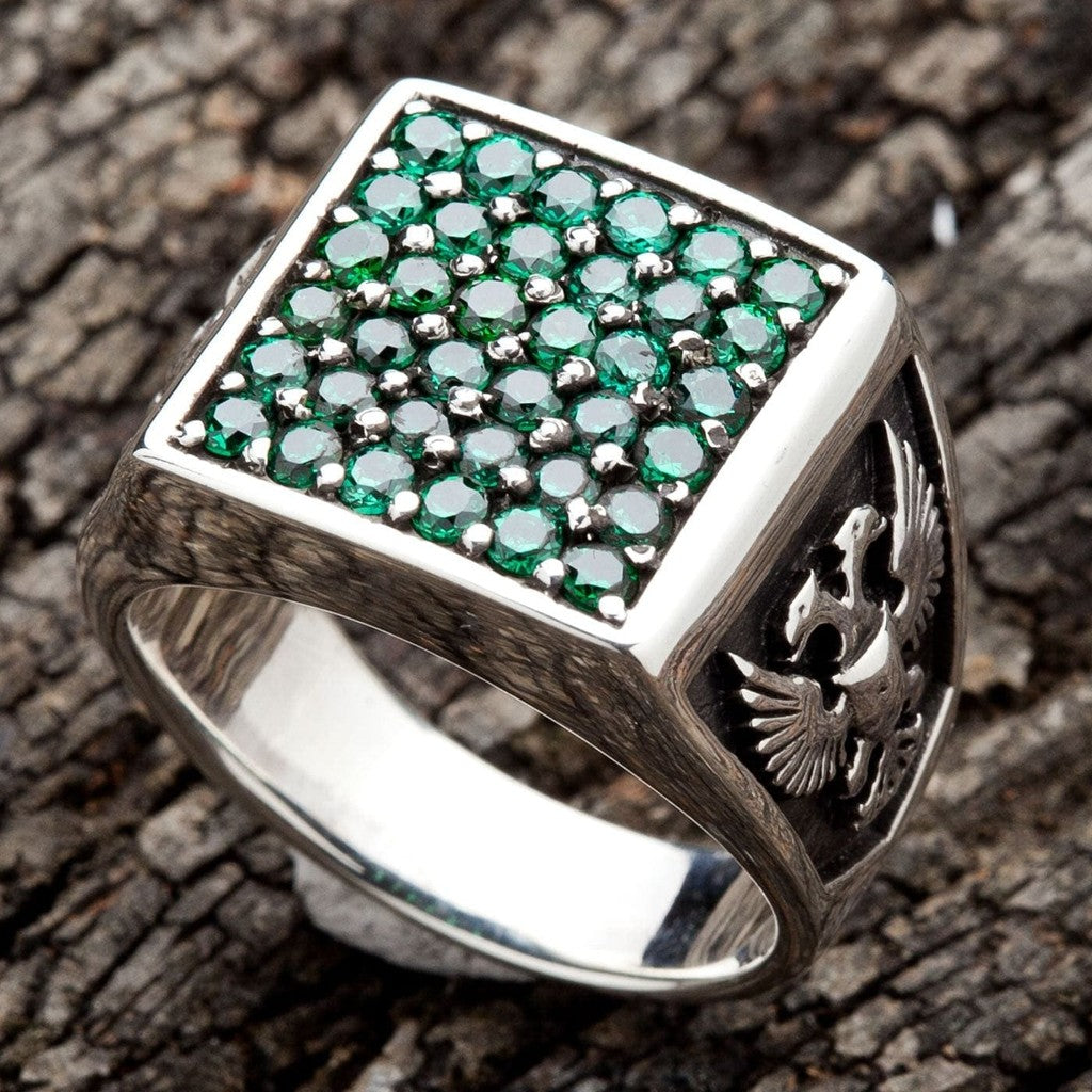 Mens Emerald Signet Ring 925 Sterling Silver Lion Eagle Design