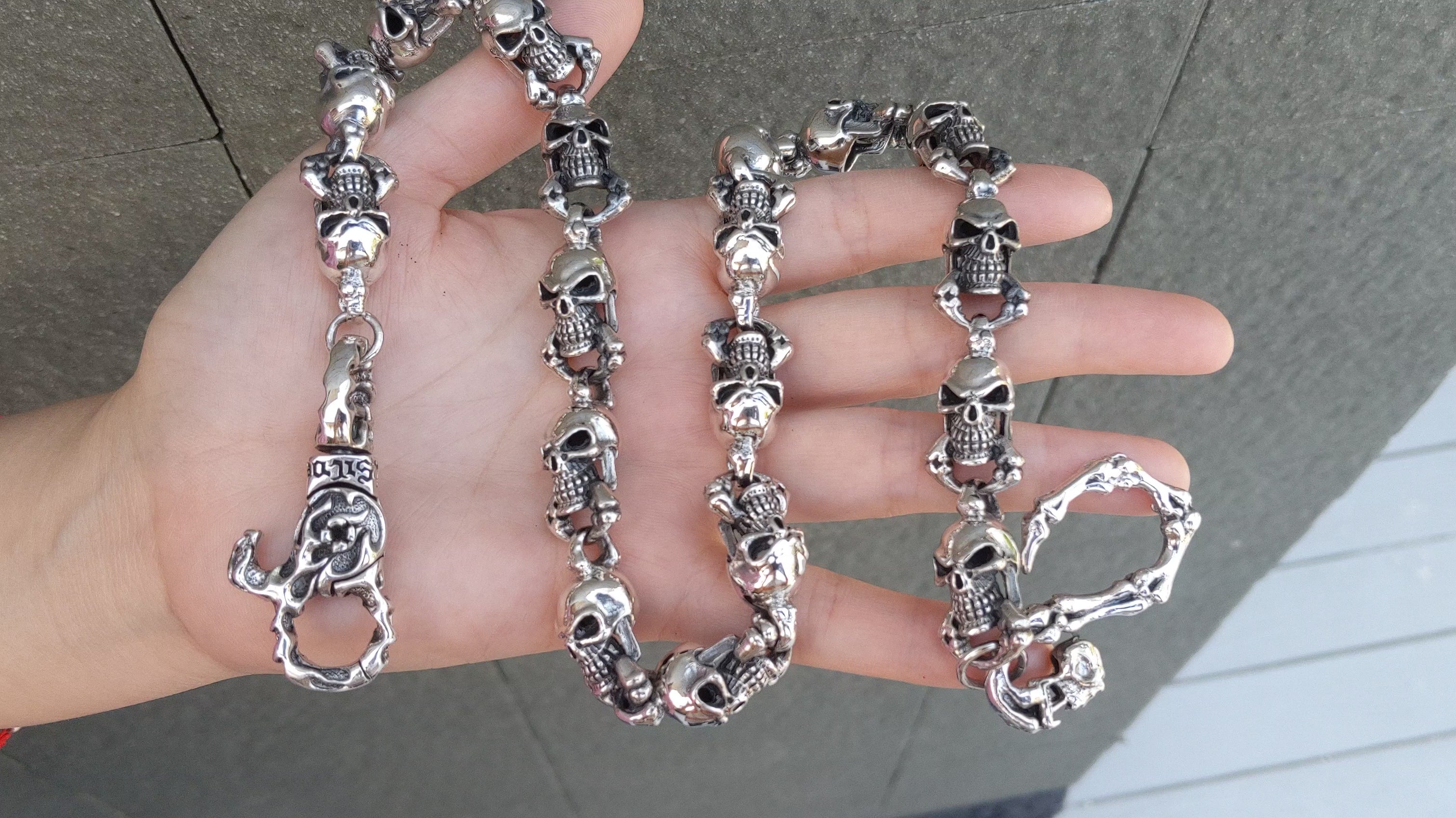 Flame Phantom Skull Sterling Silver Wallet Chain – 22" Heavy Biker Style
