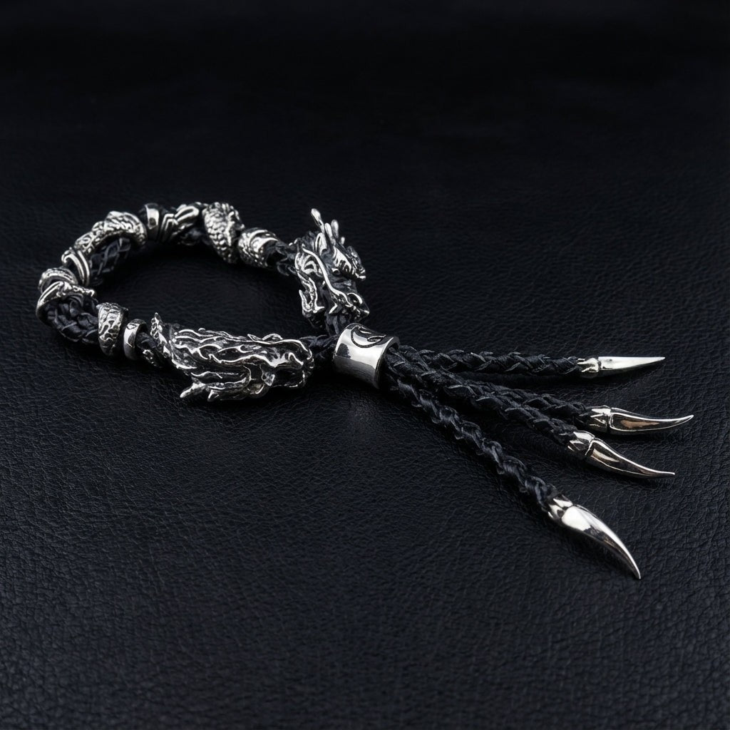 Valódi Bőr Sárkány Ezüst Férfi Karkötő - Bikerringshop
