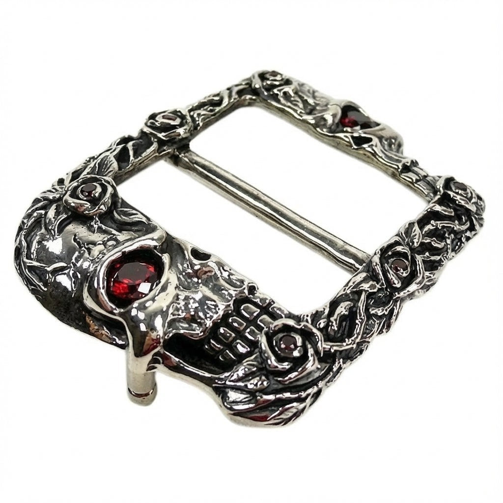 Skull & Roses Garnet Sterling Silver Belt Buckle | Biker