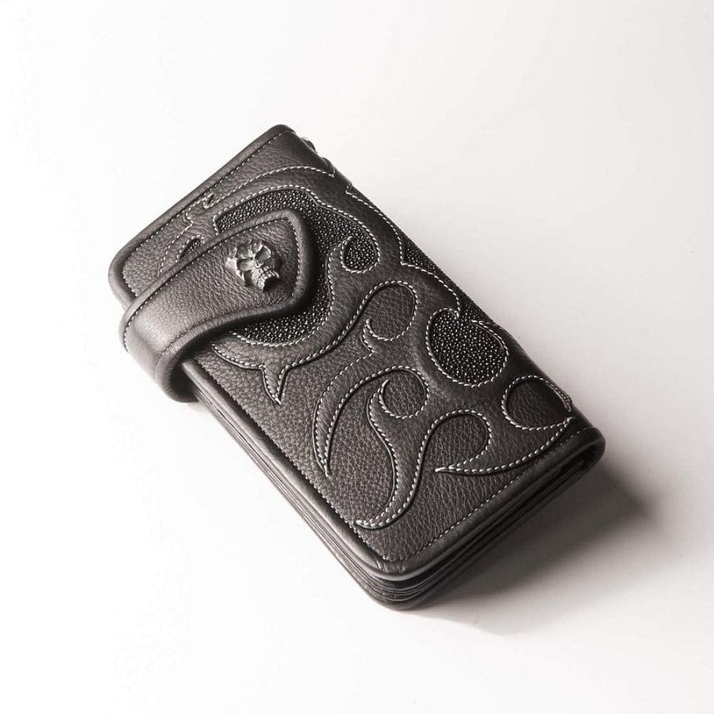Black Stingray Leather Biker Wallet | Silver Skull Concho Long Wallet