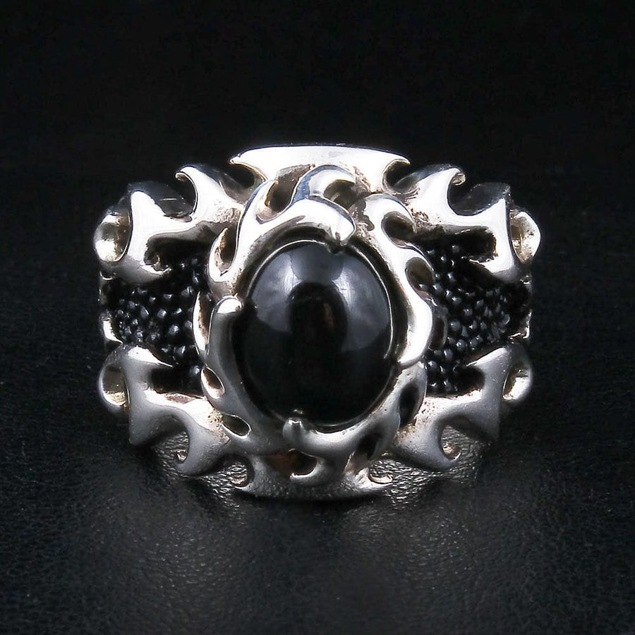 Flame Tattoo Stingray Sterling Silver Biker Ring | Black Star Stone